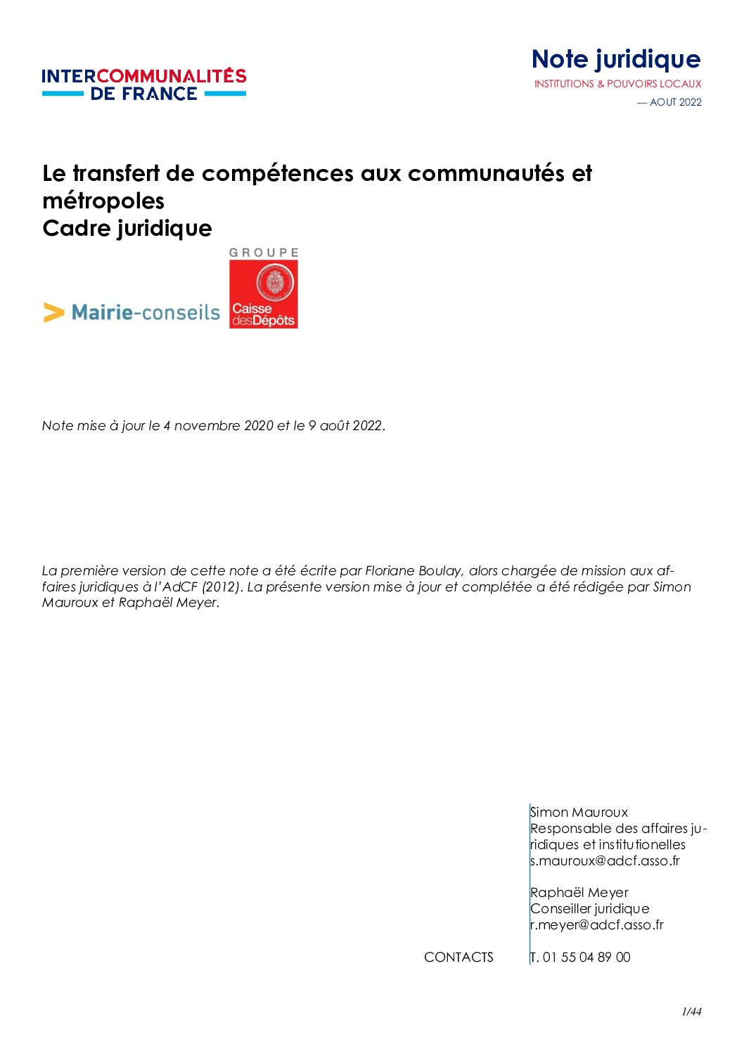 Le transfert de compétences aux communautés et métropoles : cadre ...