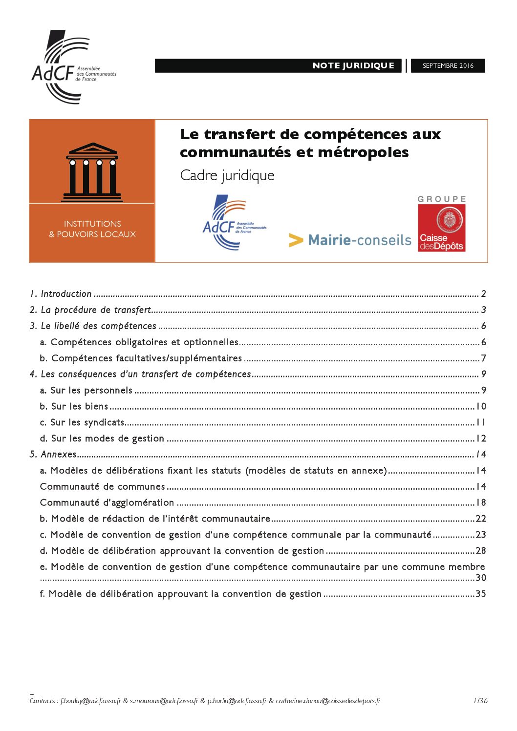 Le transfert de compétences aux communautés et métropoles : cadre ...