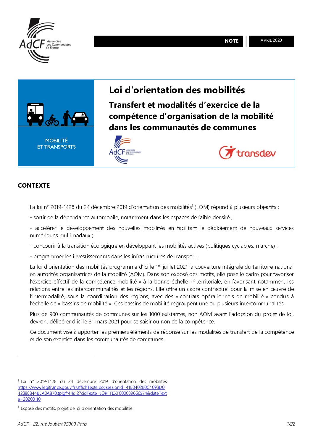 Loi d’orientation des mobilités : transfert et compétence d ...