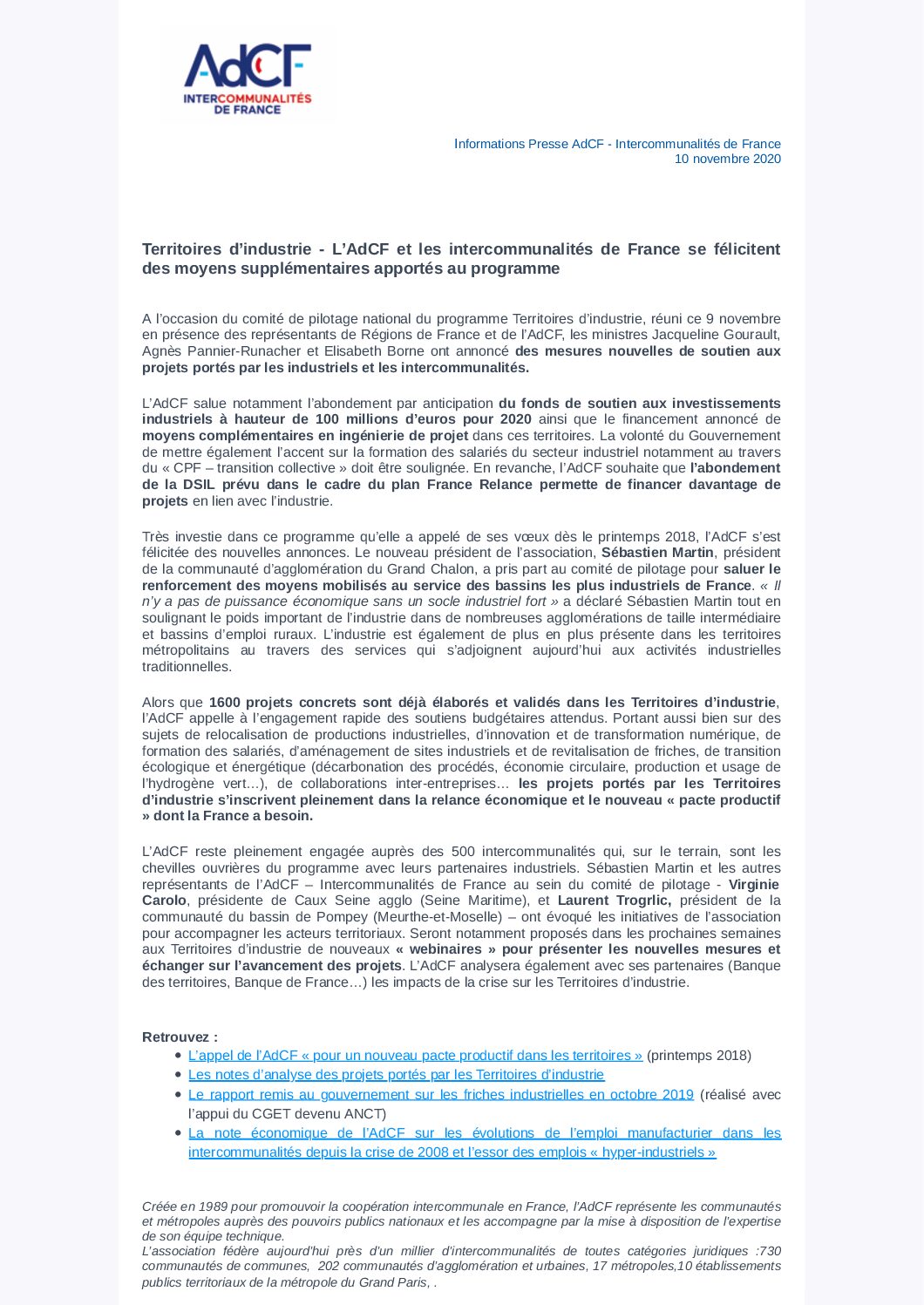 Territoires d’industrie : l’AdCF et les intercommunalités de France se ...