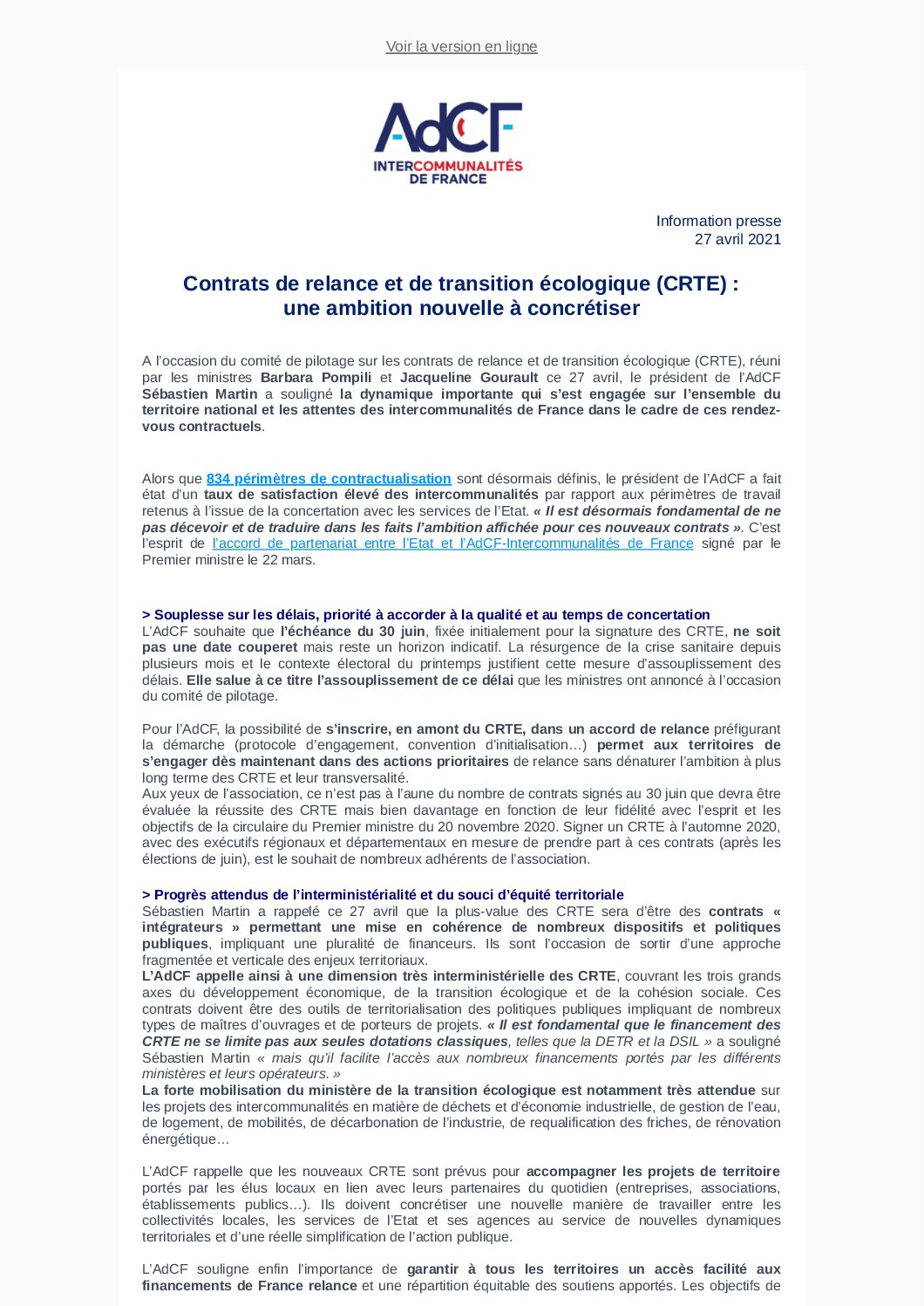 Contrats de relance et de transition écologique (CRTE) : une ambition nouvelle à concrétiser ...