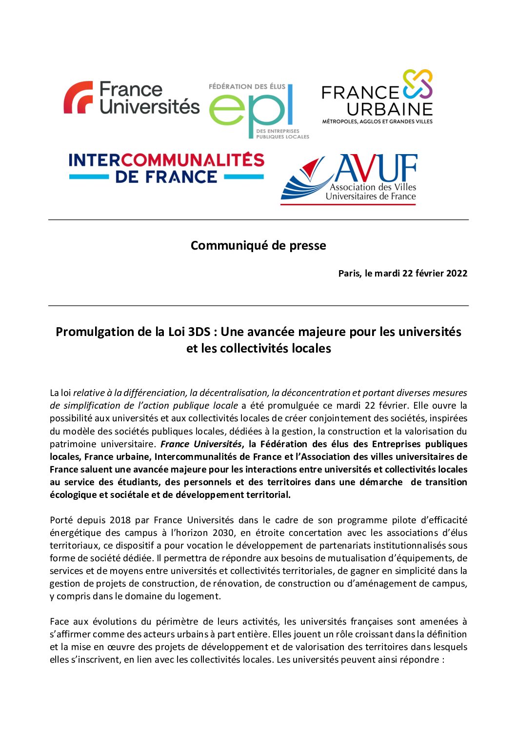 Promulgation de la Loi 3DS : une avancée majeure pour les universités ...