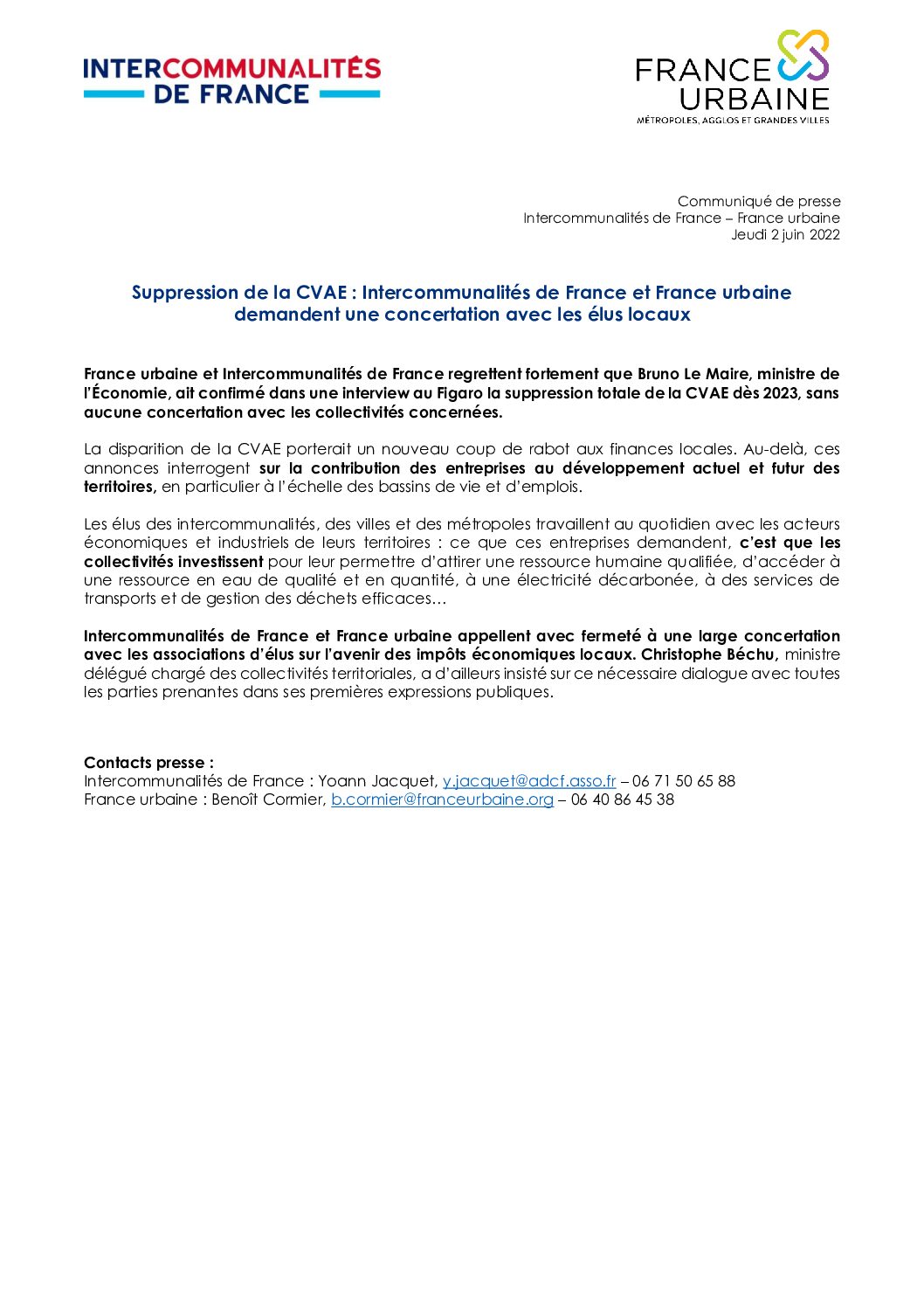 Suppression de la CVAE : Intercommunalités de France et France urbaine demandent une ...