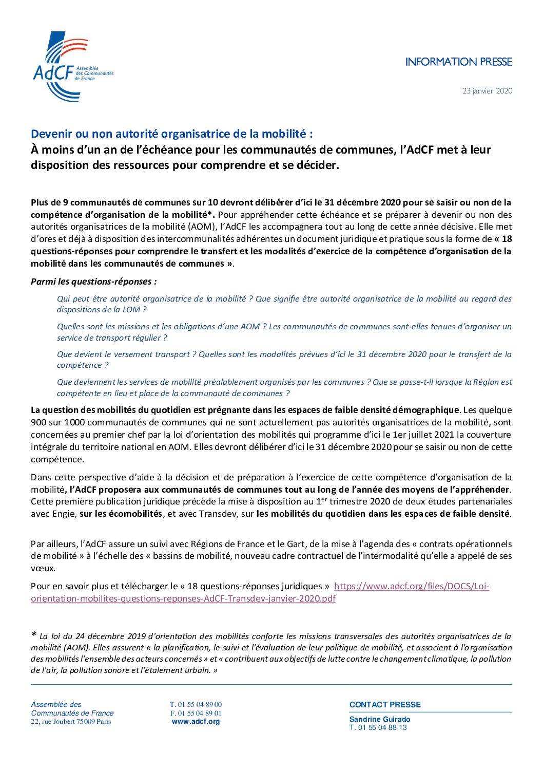 Devenir ou non autorité organisatrice de la mobilité : l'AdCF met à ...